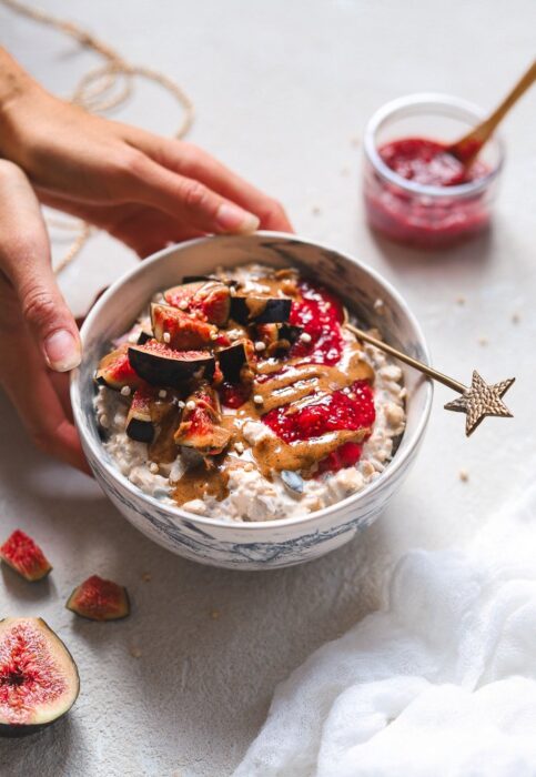 Vegan Bircher Bowl with Almond Butter and Jam Recipe | Two Spoons