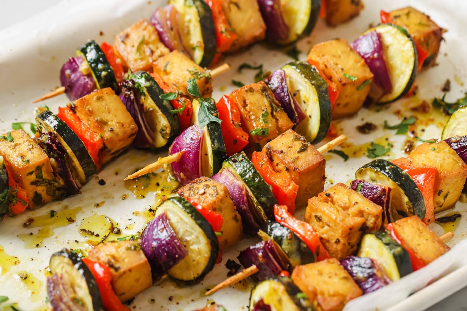 Oven-Baked Lemon Garlic Tofu and Veggie Skewers - Two Spoons
